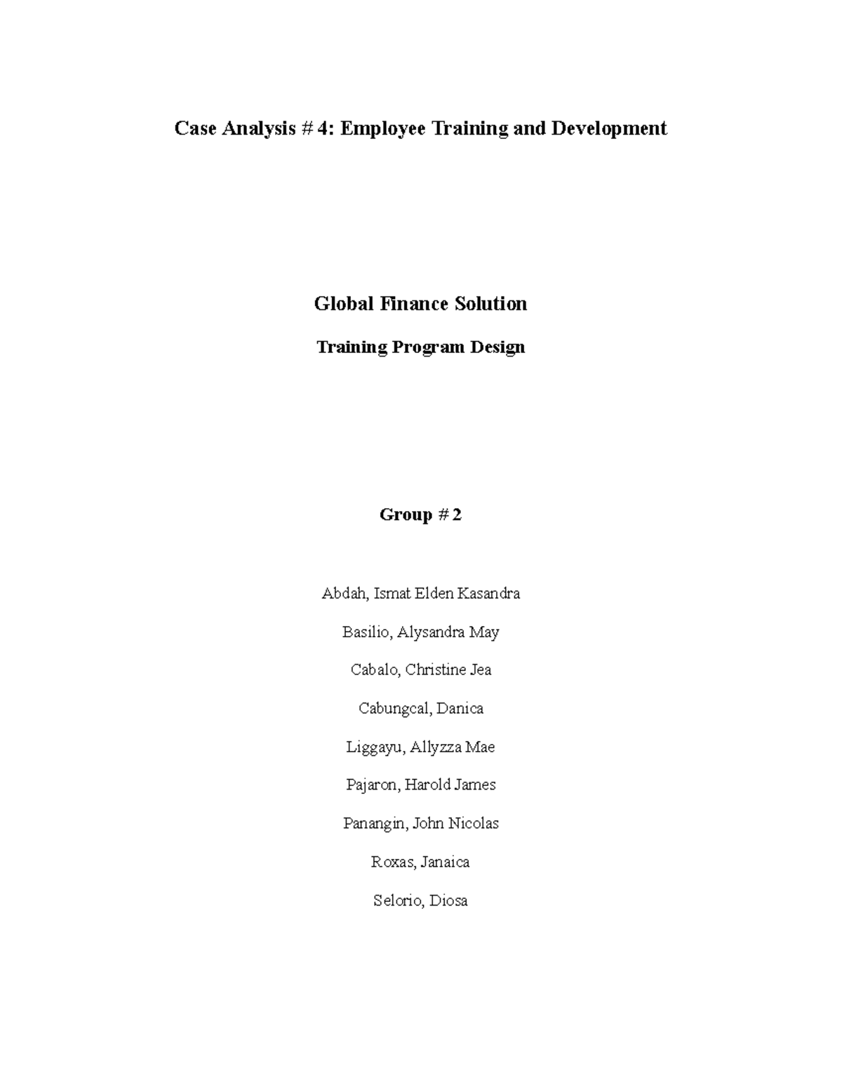 Group Activity # 4 - Group # 2 - Case Analysis # 4: Employee Training ...