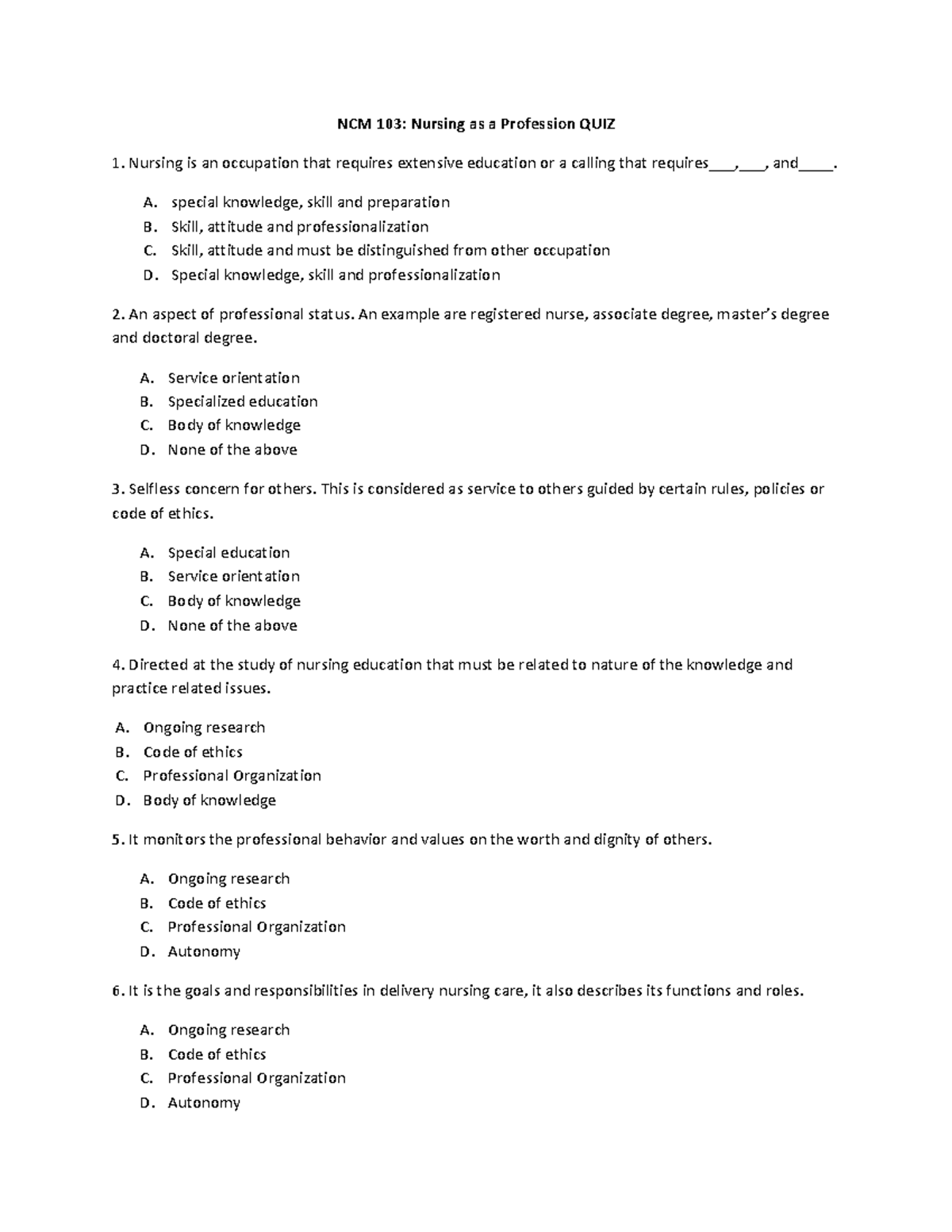 Nursing as a Profession Quiz - NCM 103: Nursing as a Profession QUIZ ...