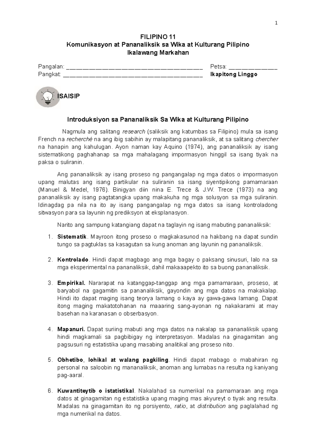Kom Pan-Q2W7 - filkom - FILIPINO 11 Komunikasyon at Pananaliksik sa Wika at Kulturang Pilipino ...