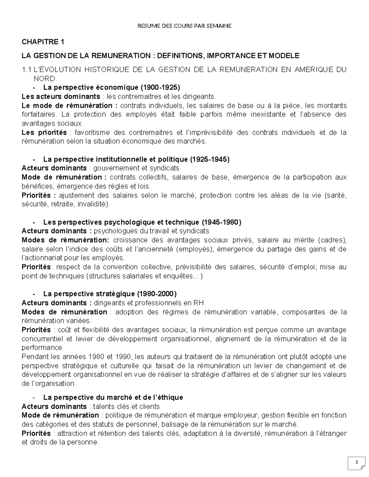 Resume DES Cours PAR Semaine - CHAPITRE 1 LA GESTION DE LA REMUNERATION ...