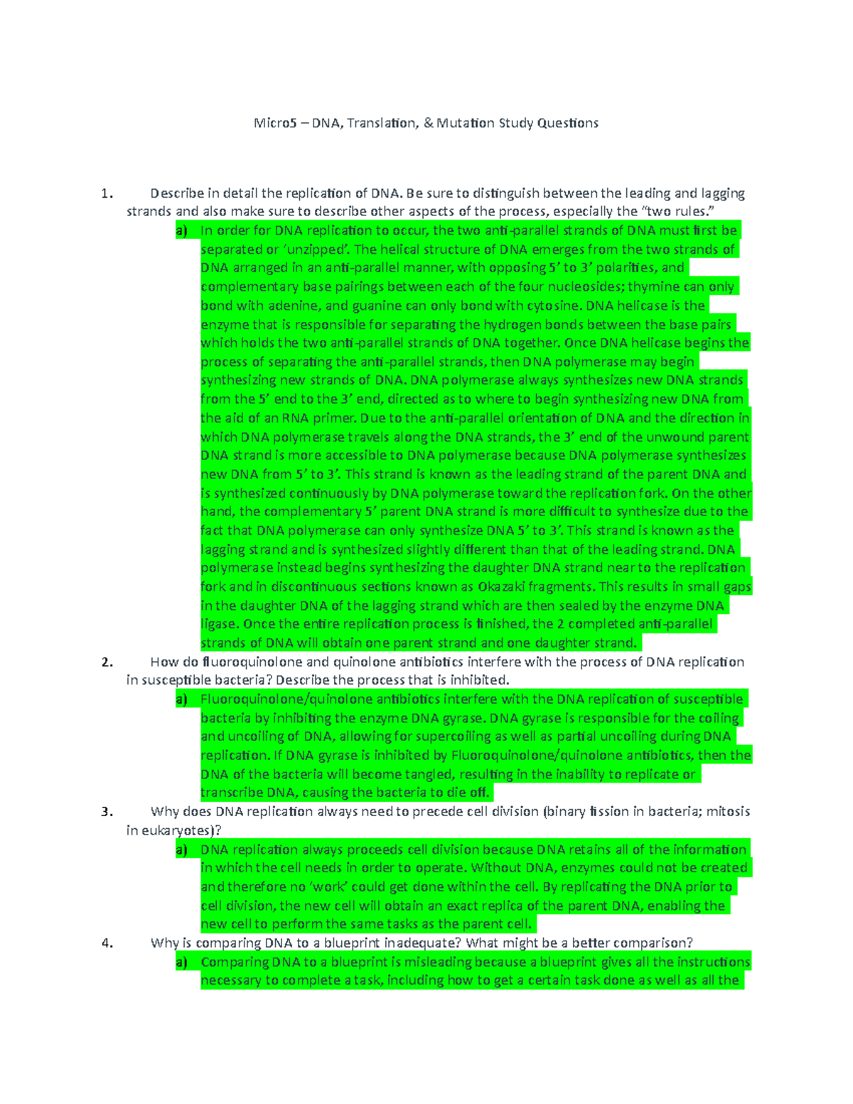 DNA, Translation, & Mutation Study Questions - Micro5 – DNA ...