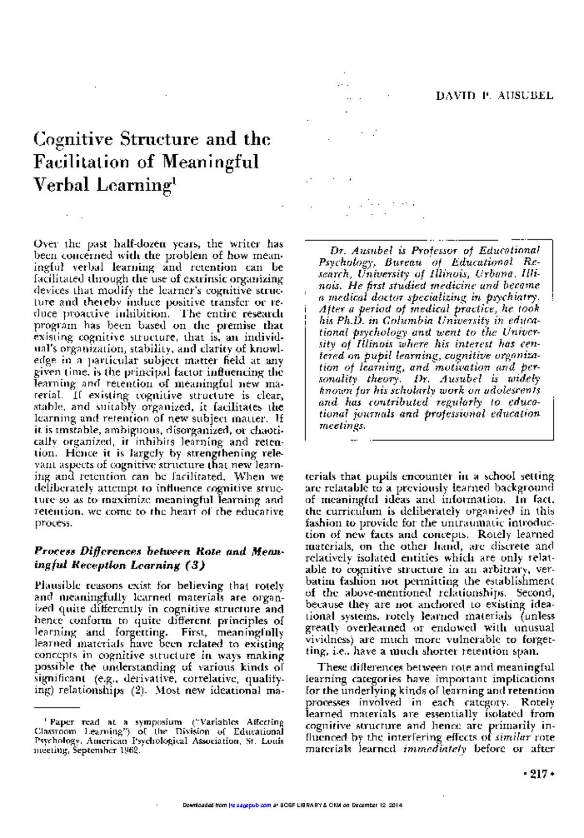 (Ausubel) Cognitive Structure and the facilitation of meaningful verbal ...