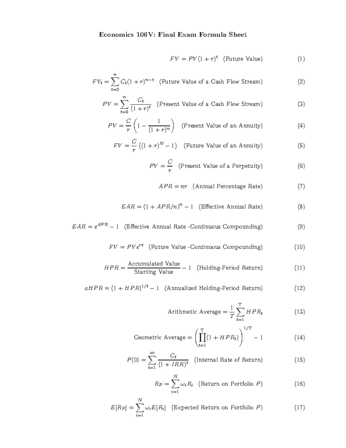 Formula sheet final - Economics 106V: Final Exam Formula Sheet F V = P ...