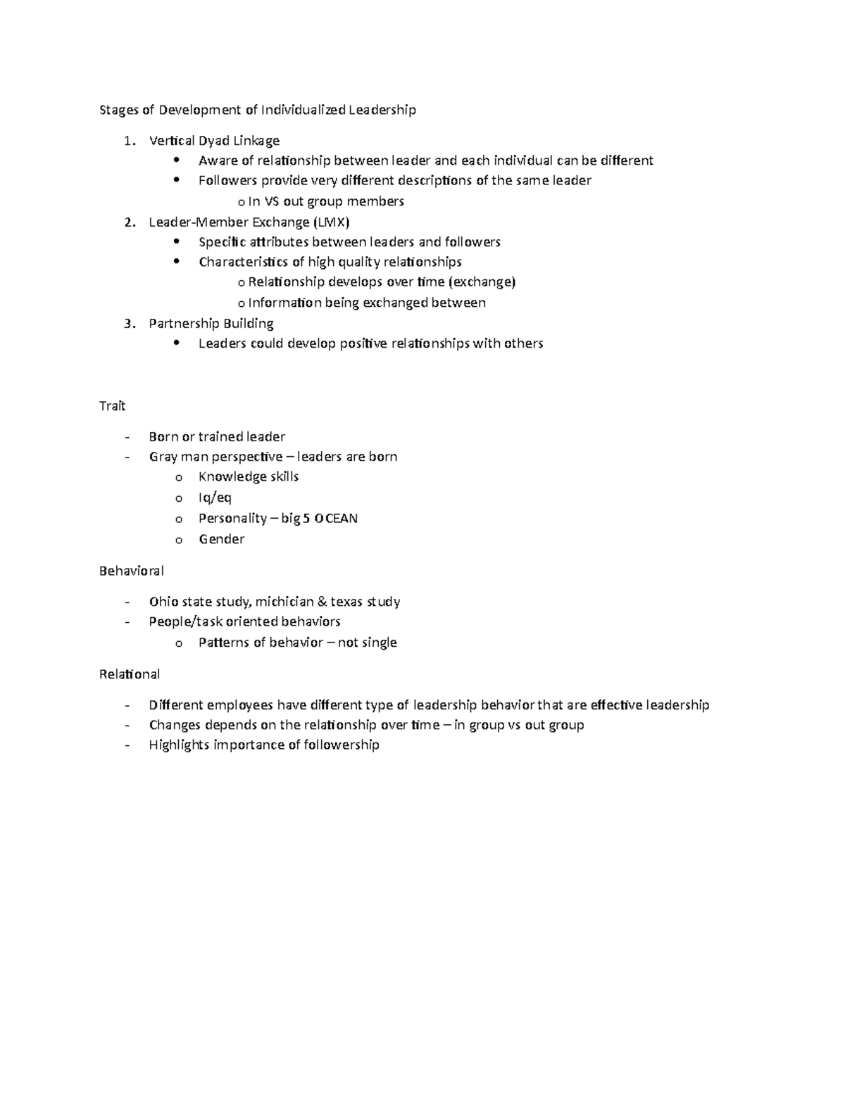 Chapter 2 Notes - Stages of Development of Individualized Leadership ...