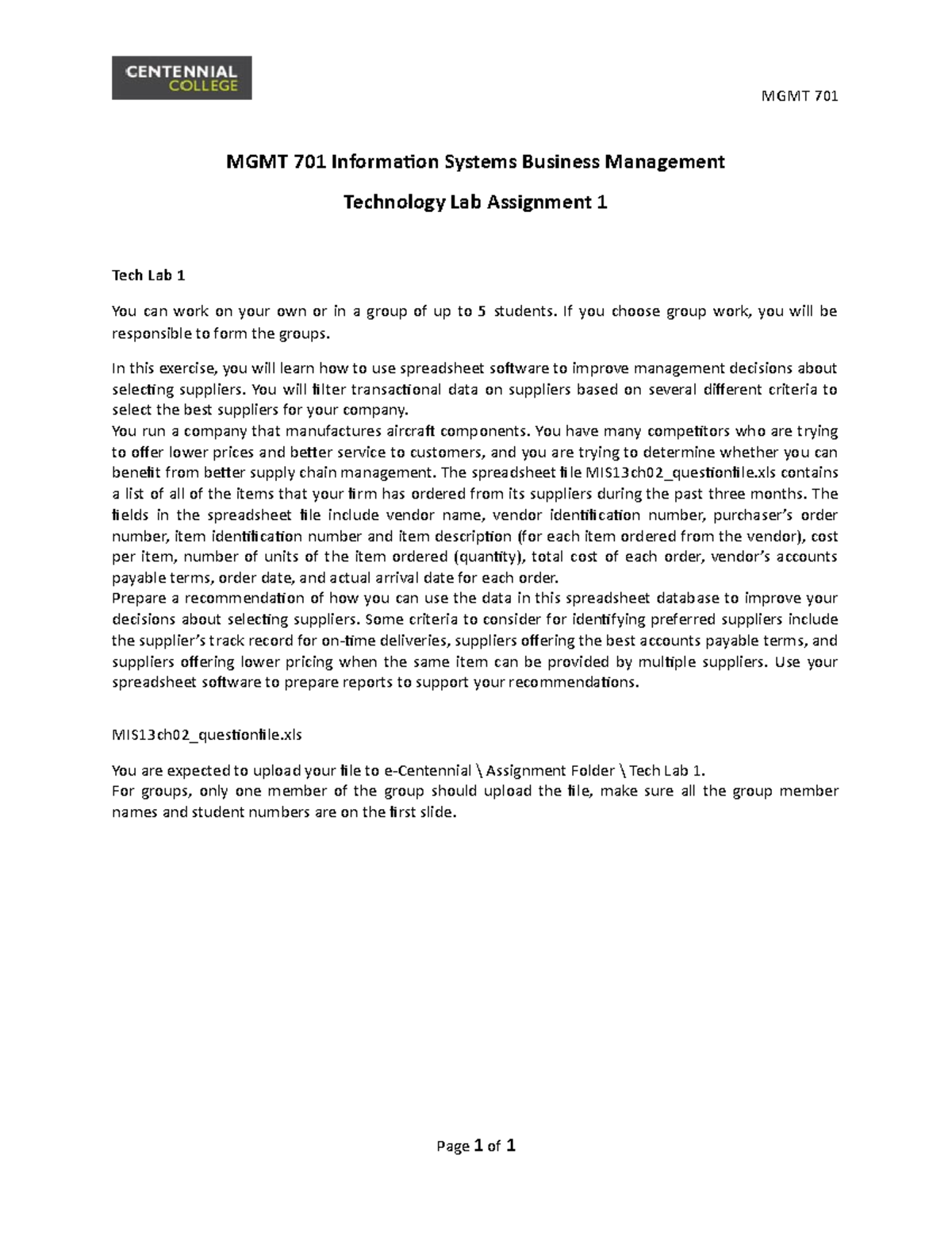 MGMT 701 Tech Lab 1 - Tech Lab Assignment 1 - MGMT 701 MGMT 701 Information Systems Business ...