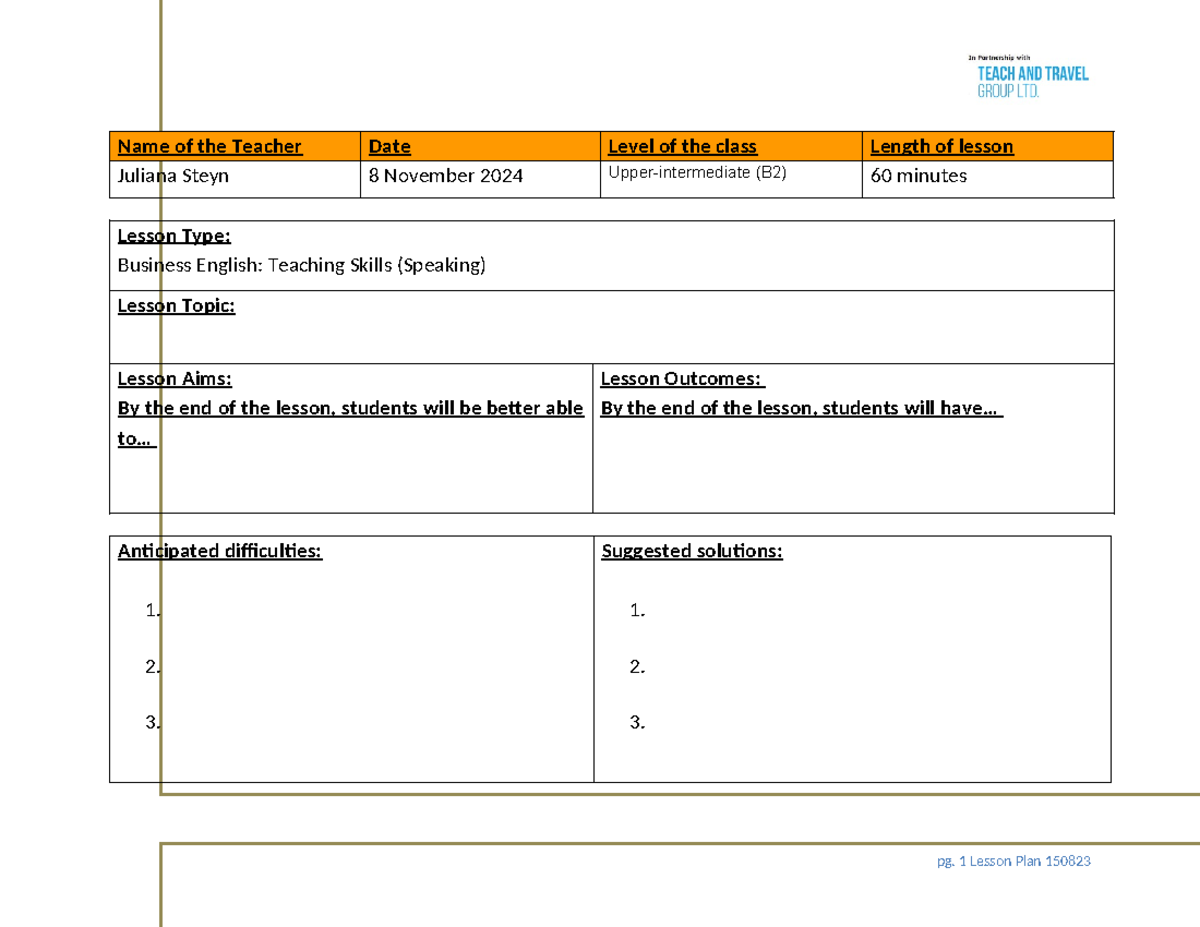 J steyn Business English lesson plan - Name of the Teacher Date Level ...
