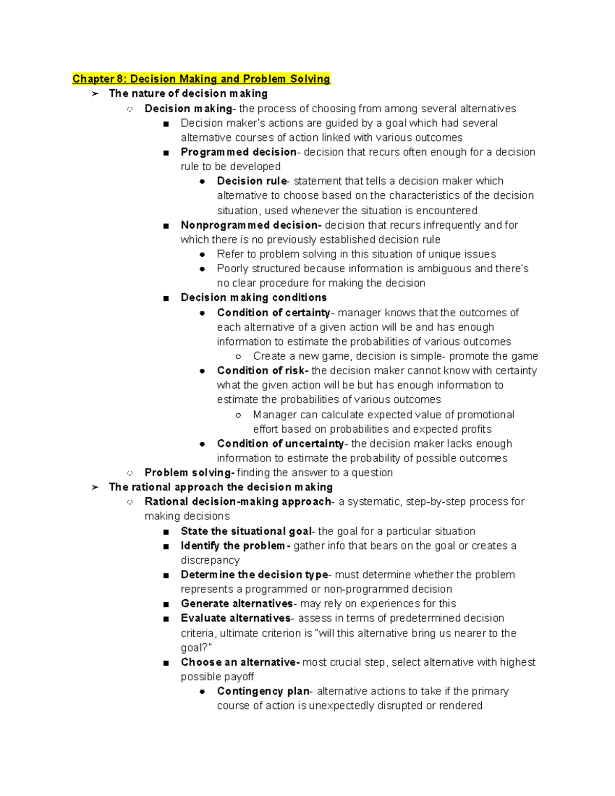 BUAD Ch. 8 Textbook Notes - Chapter 8: Decision Making and Problem ...