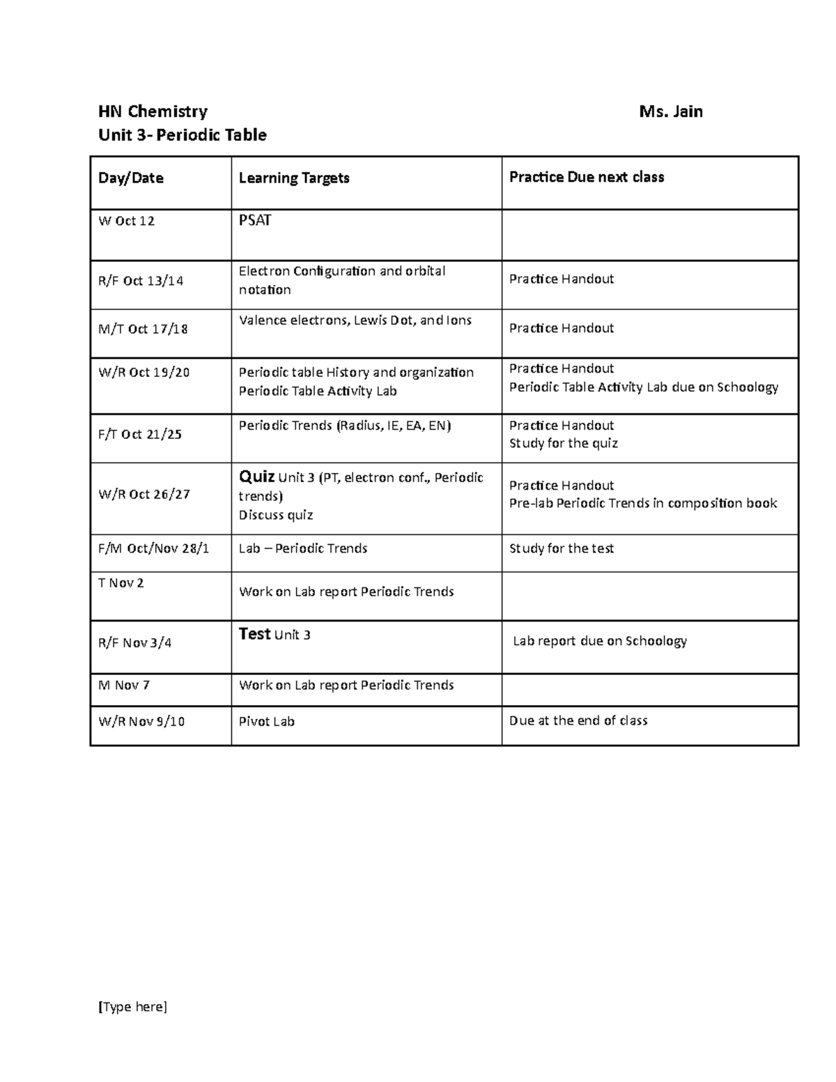 22-23+NEW+HN+Chem+Unit+3+Calendar - HN Chemistry Ms. Jain Unit 3 ...