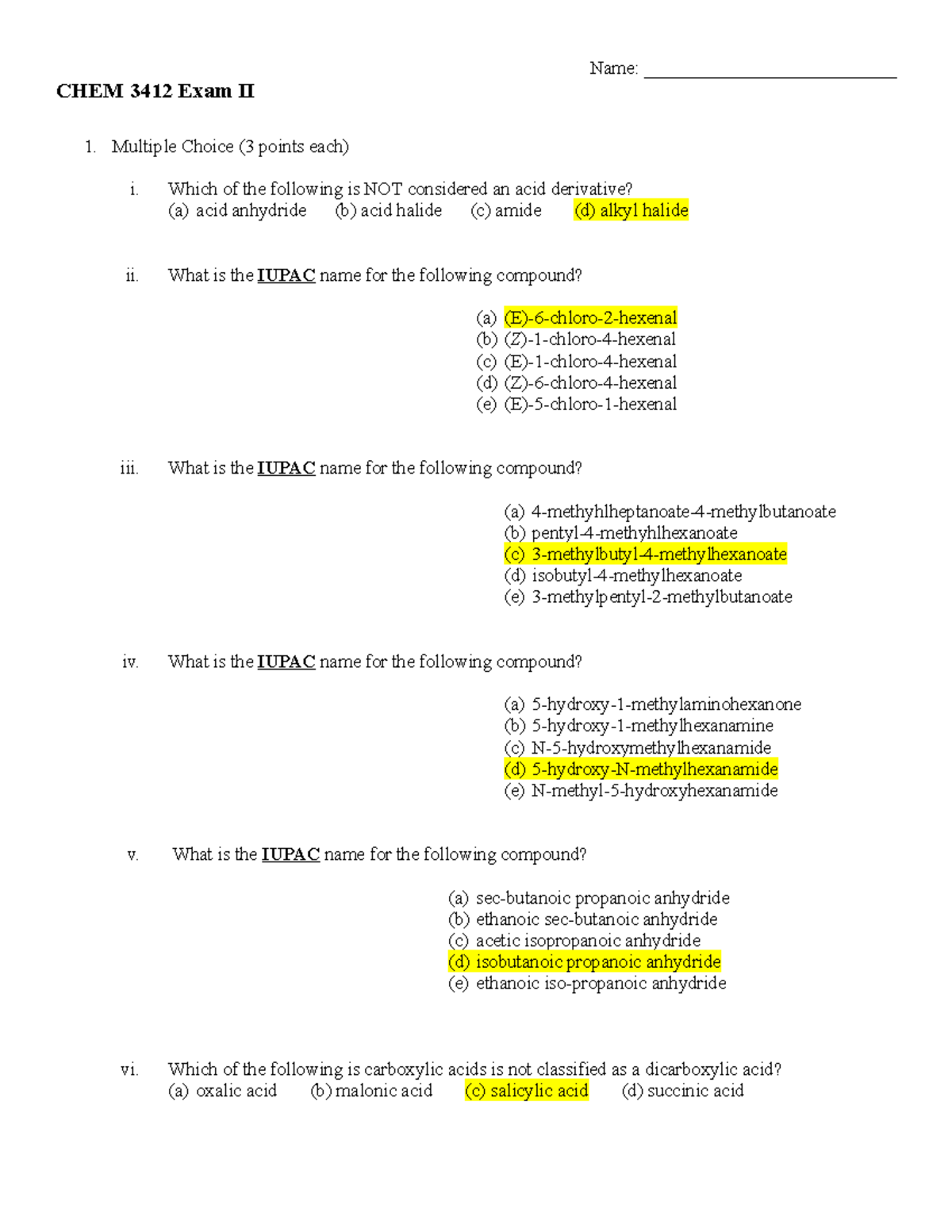 Exam II Key - Agee - Name: ___________________________ CHEM 3412 Exam ...