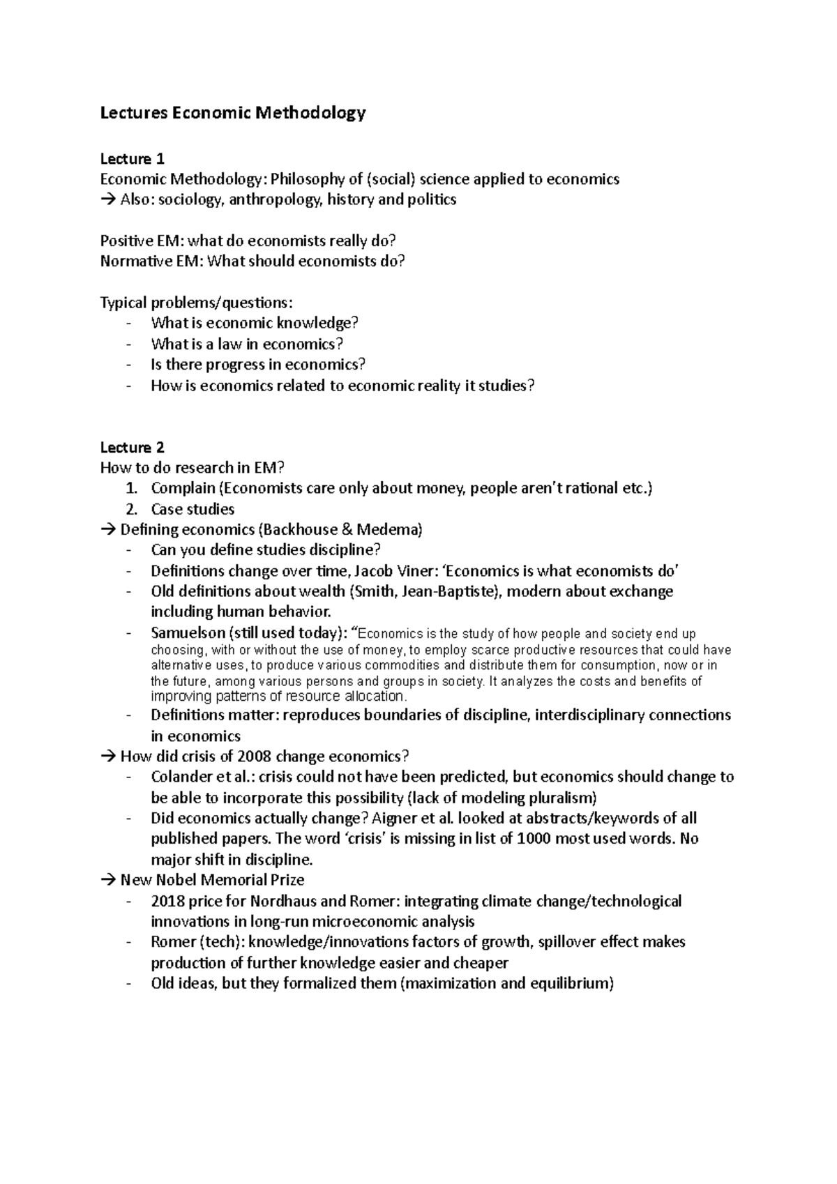 Summary of all Lectures Economic Methodology - Lectures Economic ...