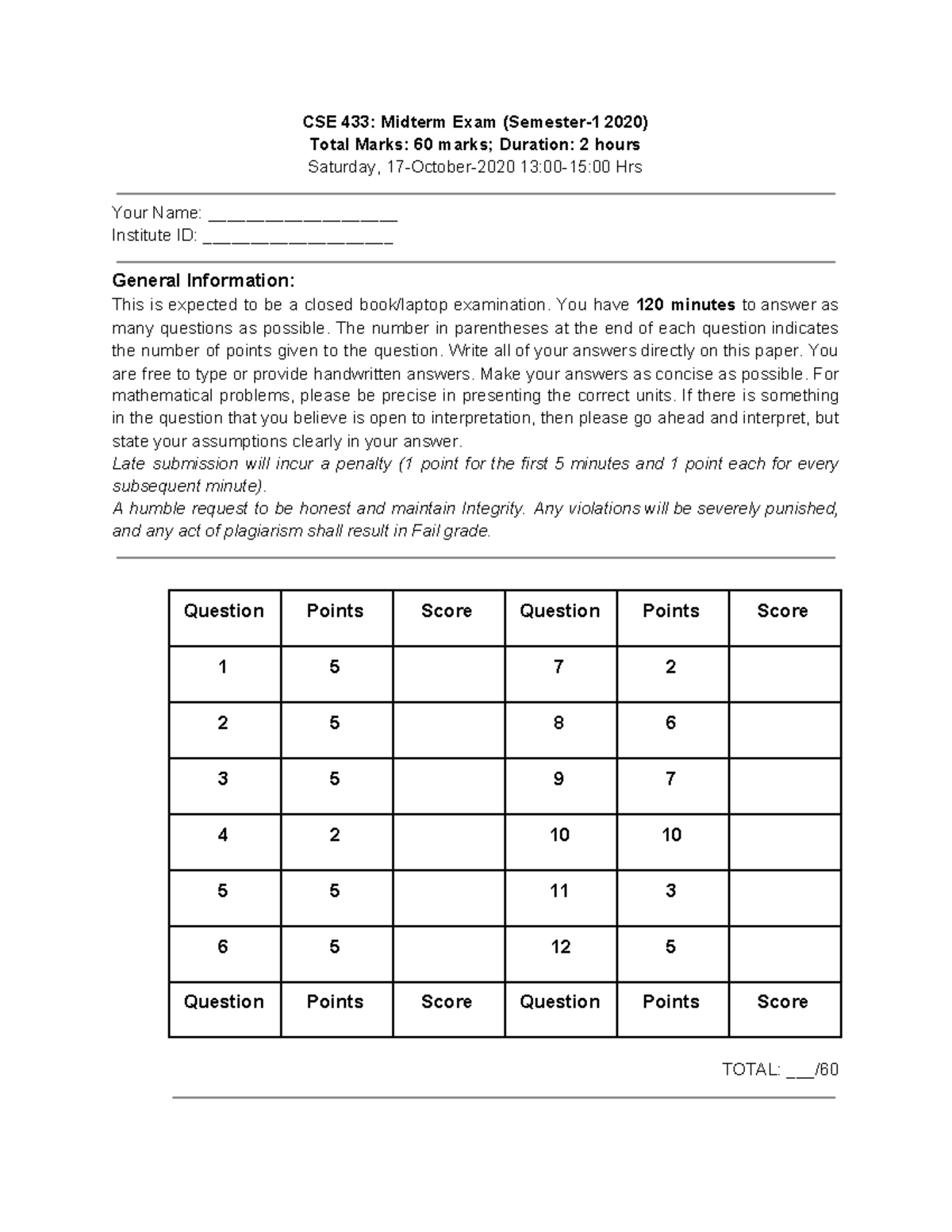 Midterm Exam - Practice material shared by professor - CSE 433: Midterm ...