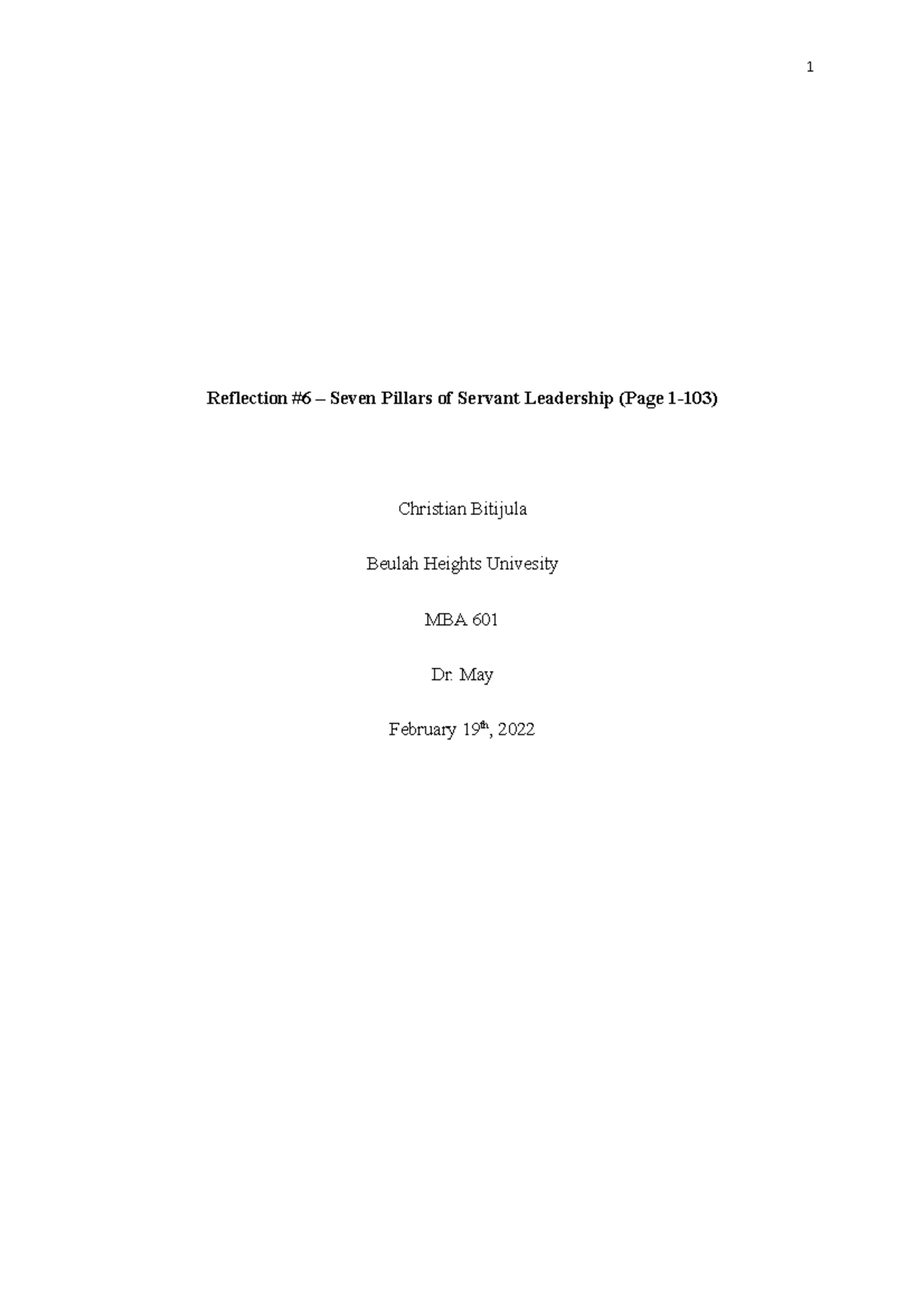 Reflection Paper WEEK SIX - 1 Reflection #6 – Seven Pillars of Servant ...