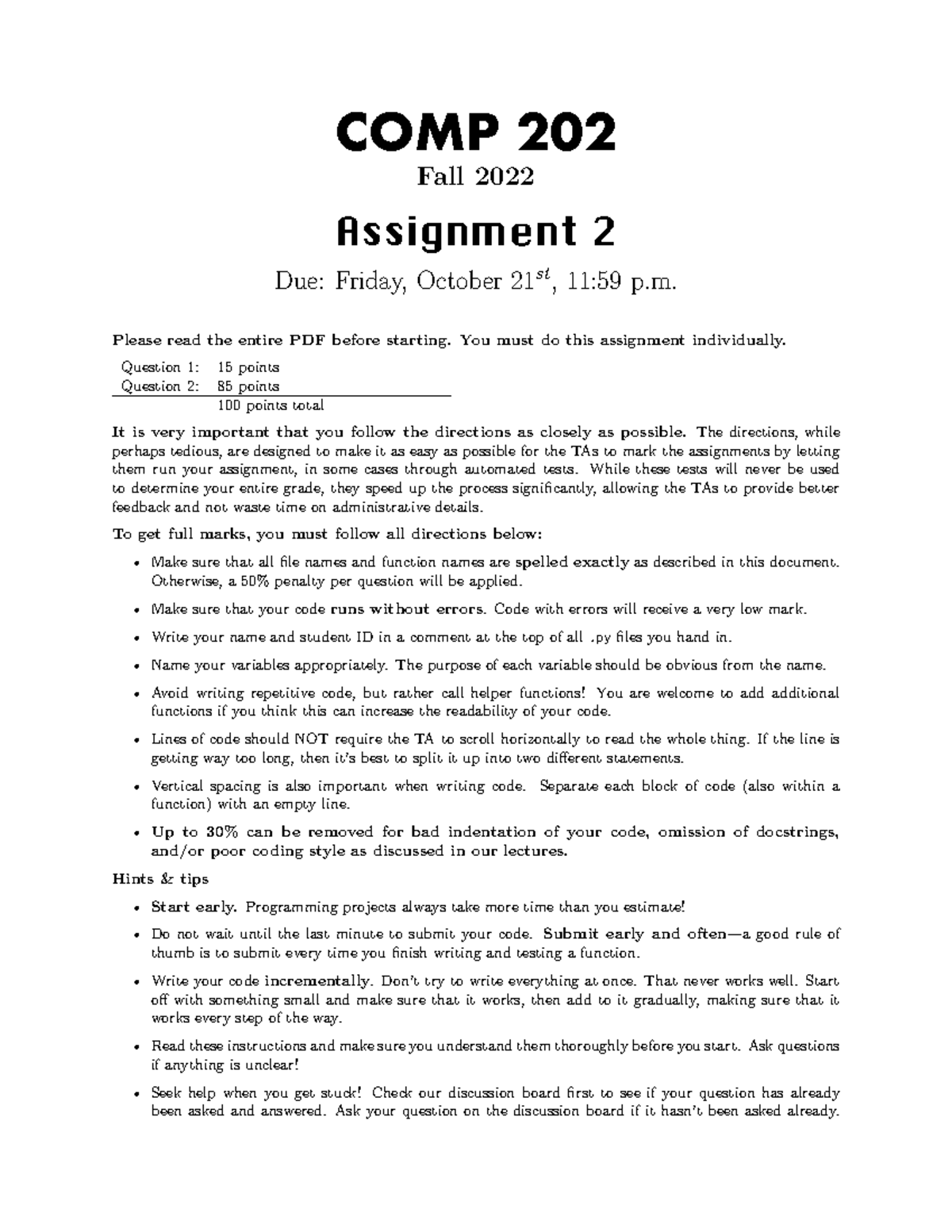 Assignment 2 (Oct9) - zzz - COMP 202 Fall 2022 Assignment 2 Due: Friday ...