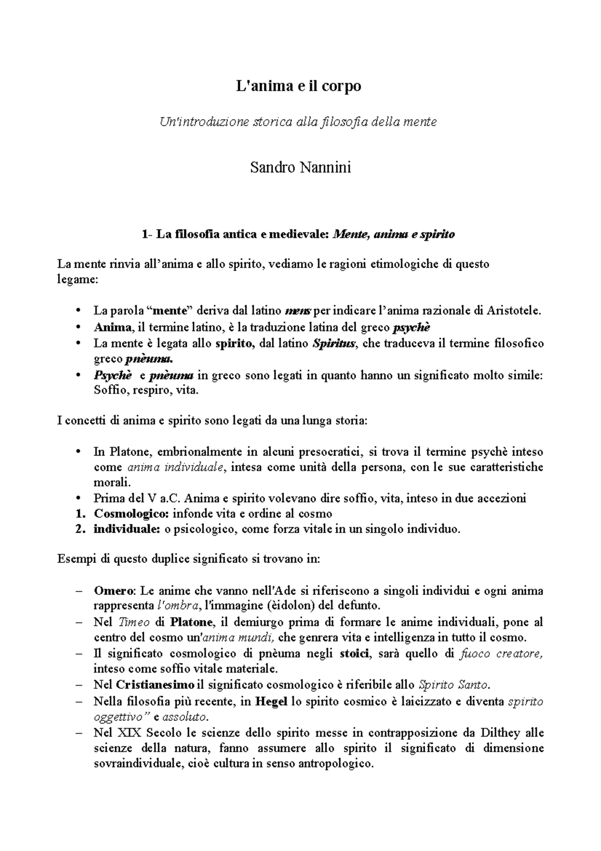 Riassunto completo l anima e il corpo un introduzione storica alla ...