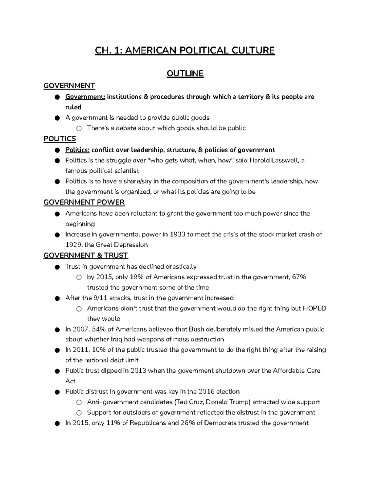 CH. 1 American Political Culture Notes - CH. 1: AMERICAN POLITICAL ...