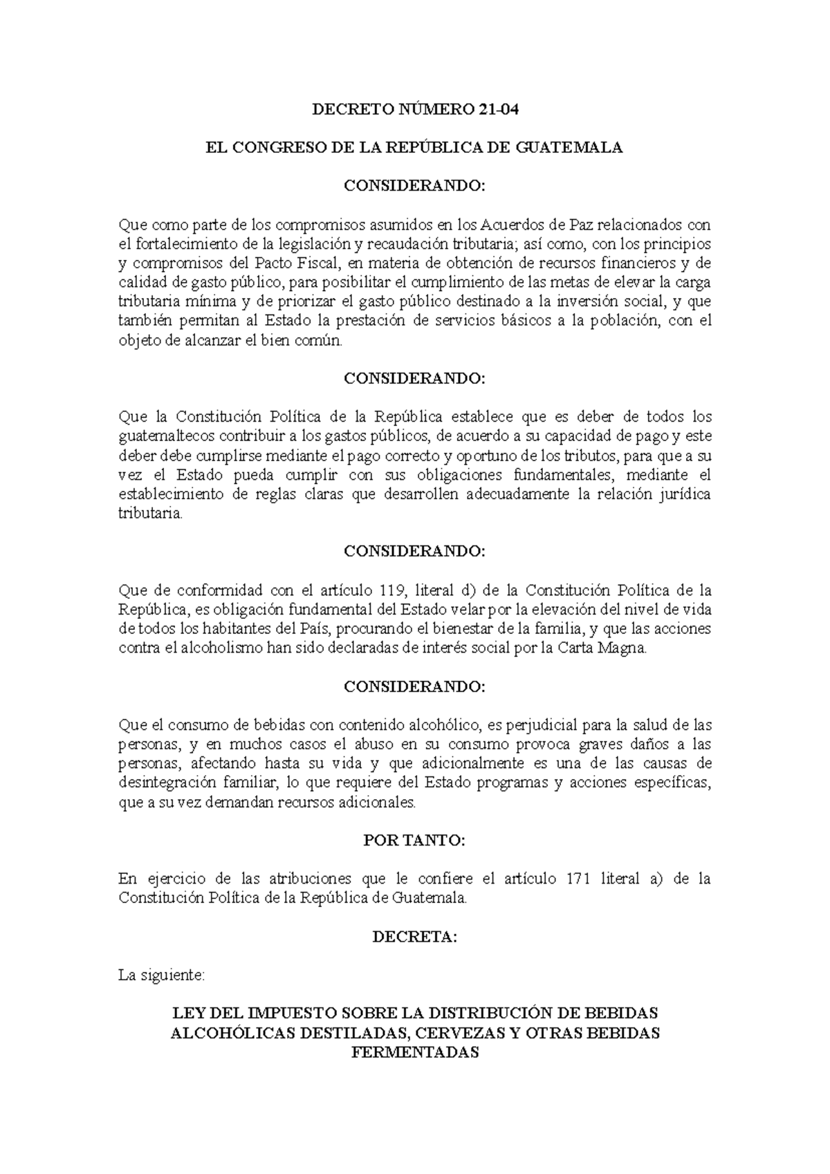 Dto-21-04 - Decreto 21-04 Guatemala Bebidas - DECRETO NÚMERO 21- EL ...