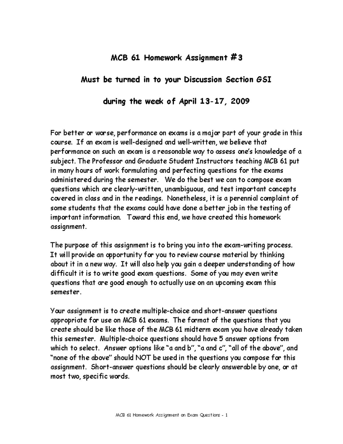 MCB61 HW3 2009 - NOTES - MCB 61 Homework Assignment Must be turned in ...