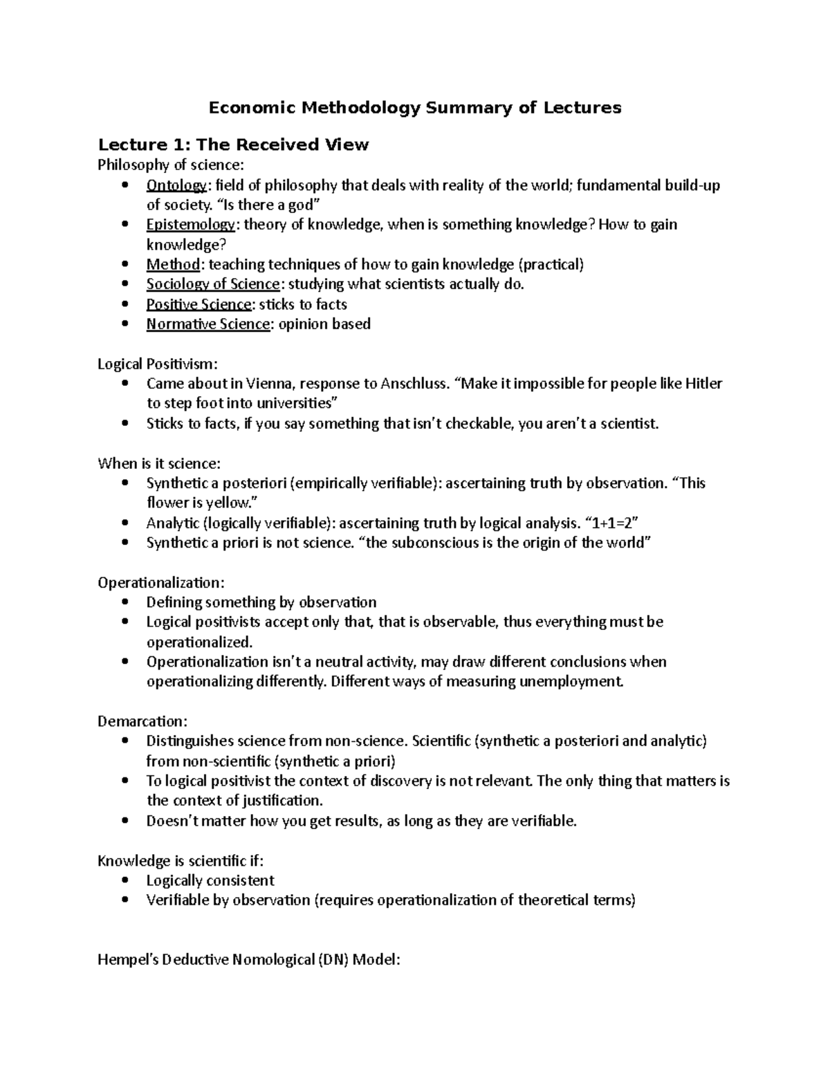 Economic Methodology Lecture Summaries - Economic Methodology Summary ...