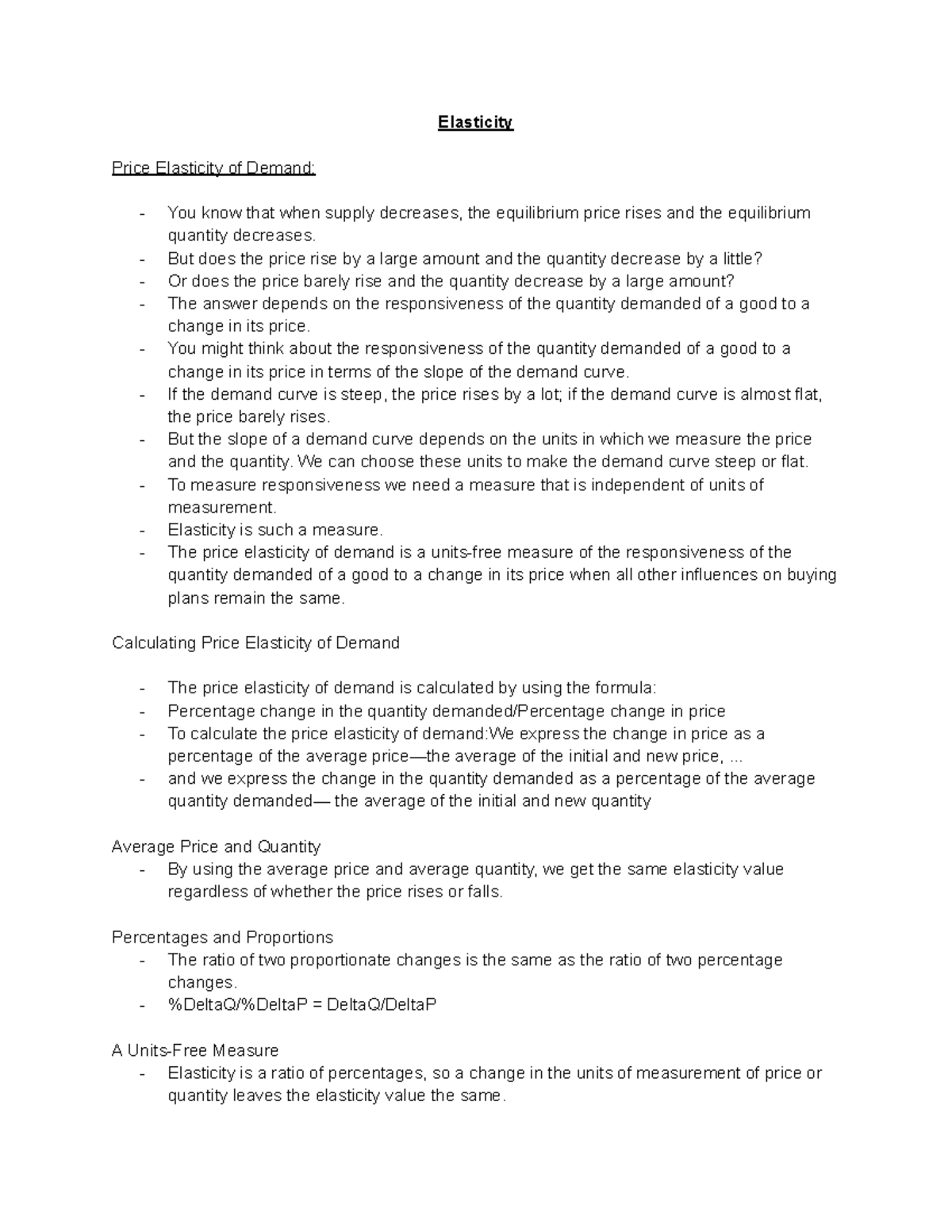 Chapter 4 Lecture Notes - Elasticity Price Elasticity of Demand: You ...