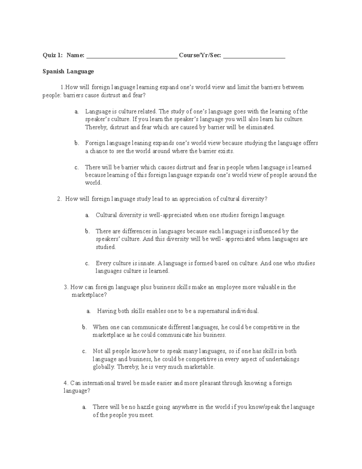 Quiz-1-Spanish - To all none have this module - Quiz 1: Name