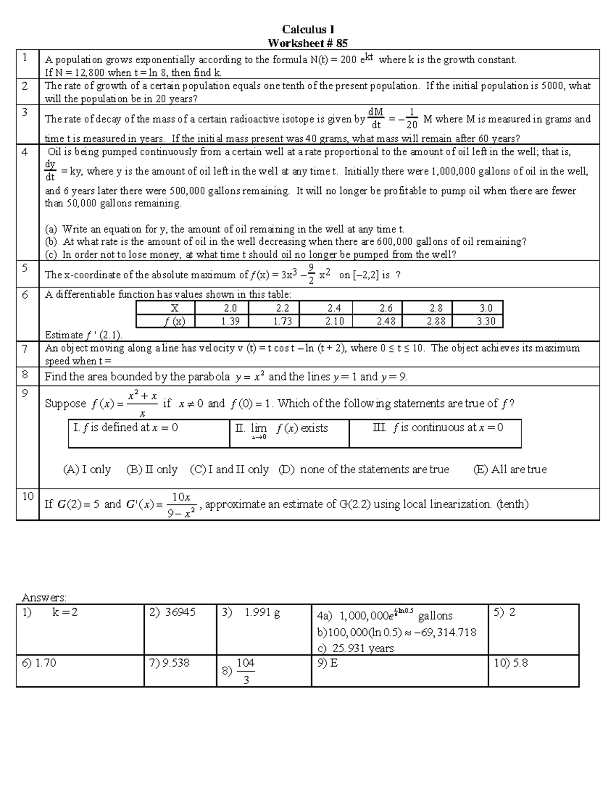 AB ws 085 exp growth - Dr. Myers calculus study worksheet with answer ...
