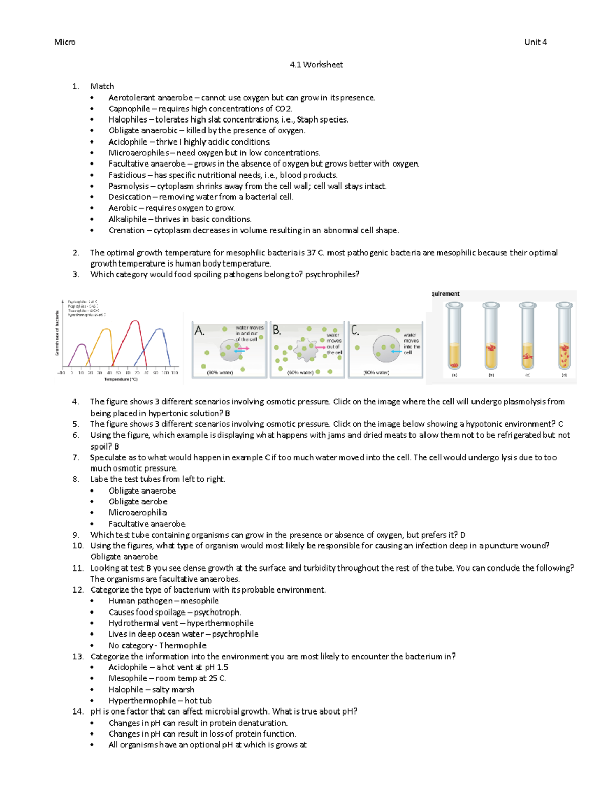 Micro Unit 4 worksheet - Micro Unit 4 4 Worksheet Match Aerotolerant ...
