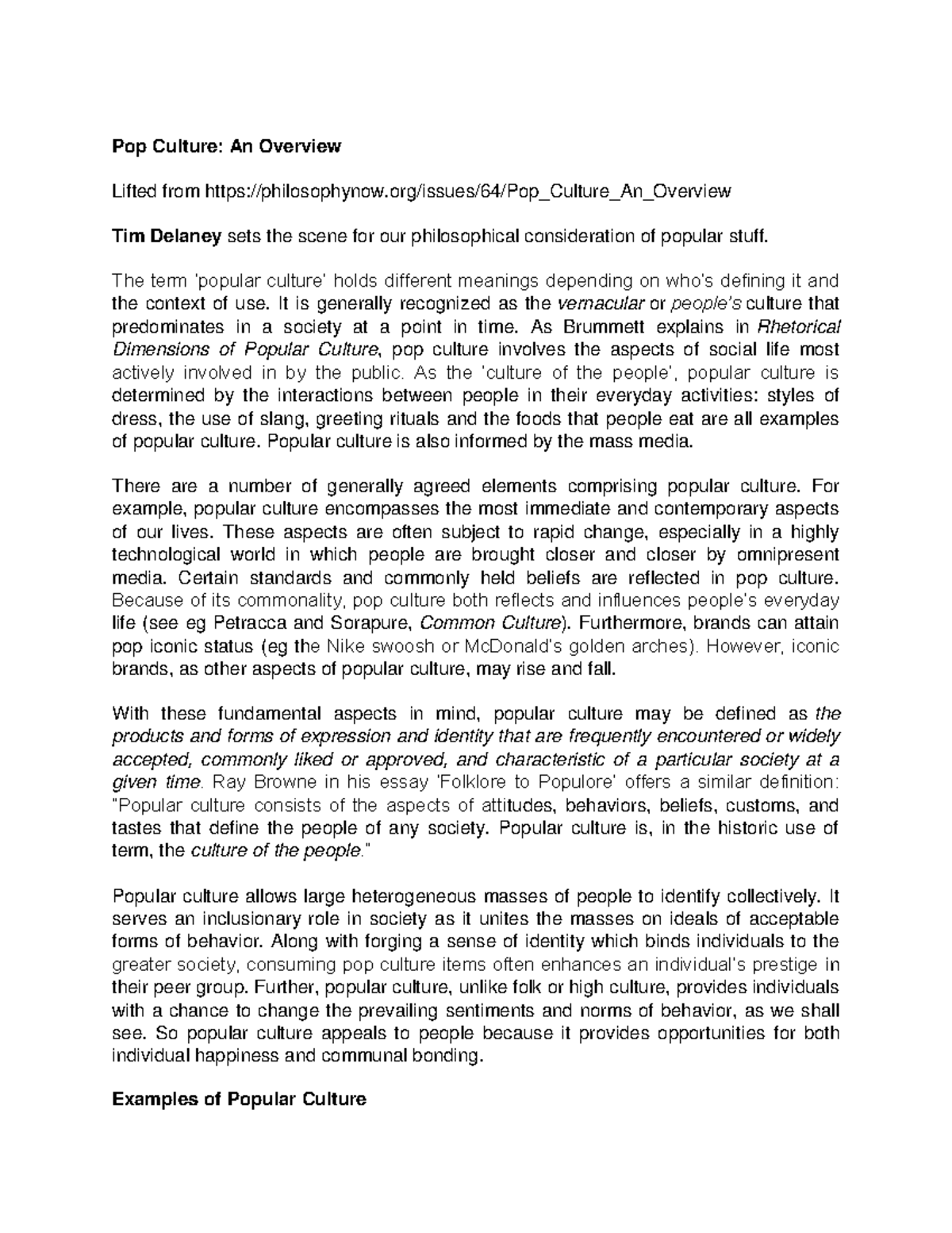 Pop-Culture Overwview - Pop Culture: An Overview Lifted from - Studocu
