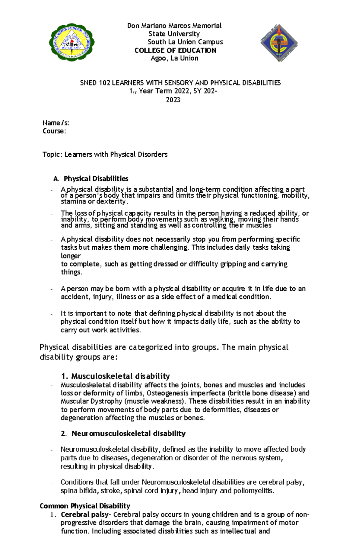 Learners with Physical Disorders - Physical Disabilities A physical ...