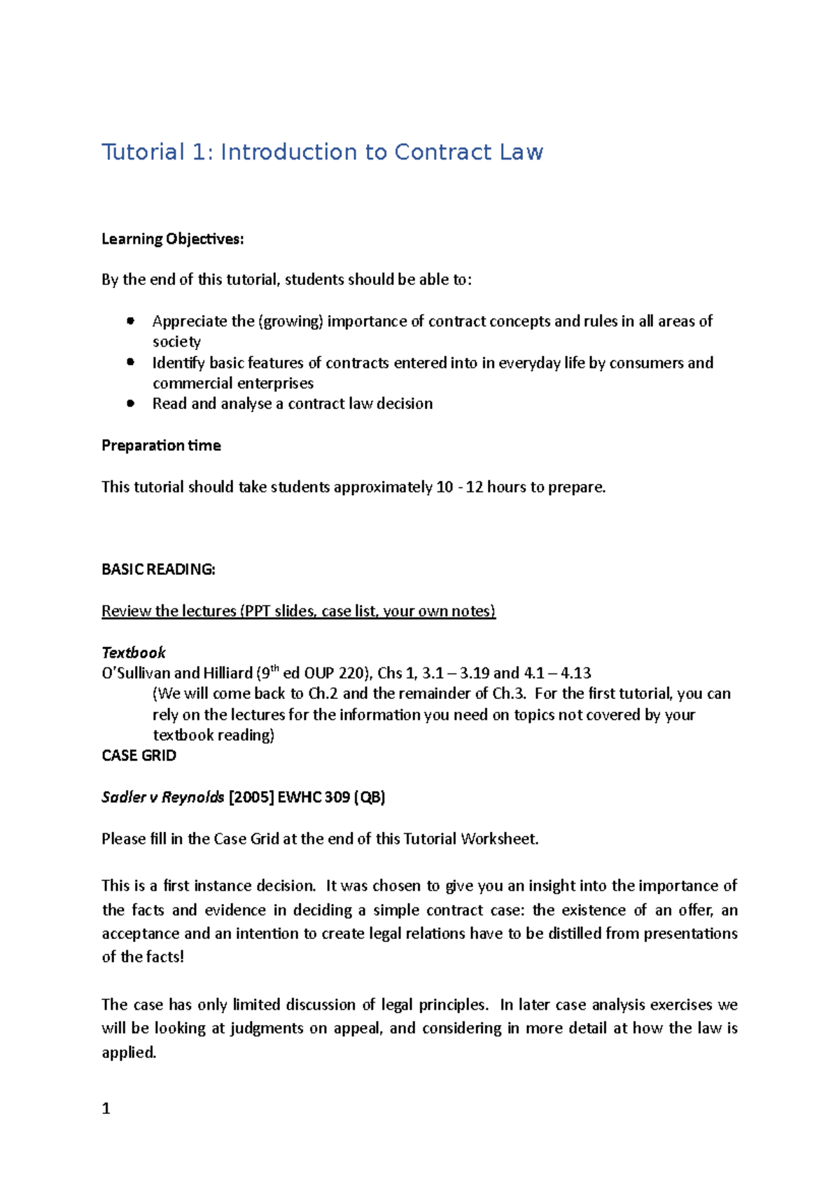 Tutorial 1 - Introduction to Contract Law - Tutorial 1: Introduction to ...