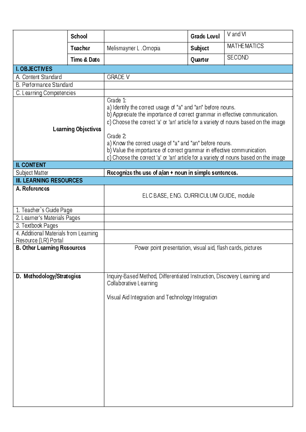 Sample-Guide - A SAMPLE GUIDE FOR LESSON PLANNING - School Grade Level ...