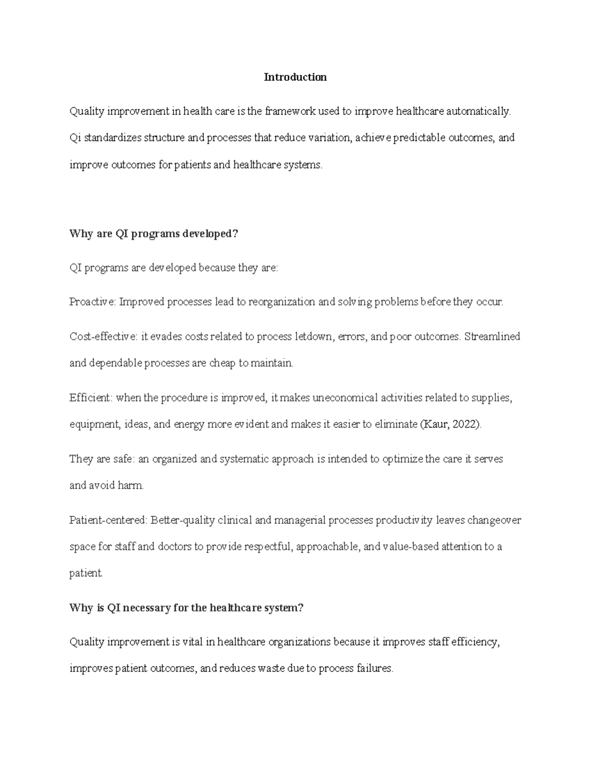 Discuss how the QI plan will be applied by giving examples ...