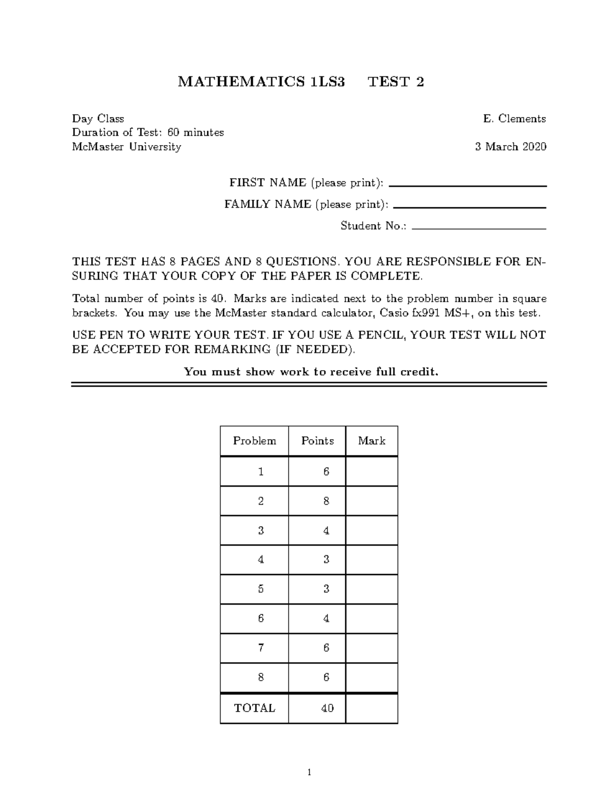 Math1LS3 T2 winter 2020+ - MATHEMATICS 1LS3 TEST 2 Day Class E ...