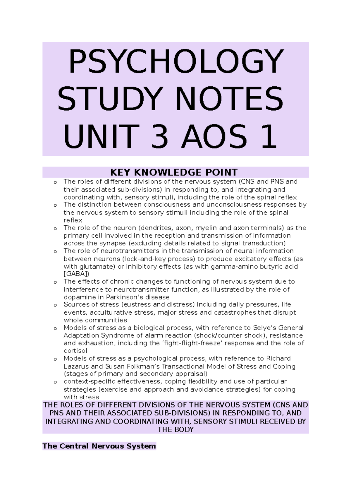 Psychology study notes - PSYCHOLOGY STUDY NOTES UNIT 3 AOS 1 KEY ...