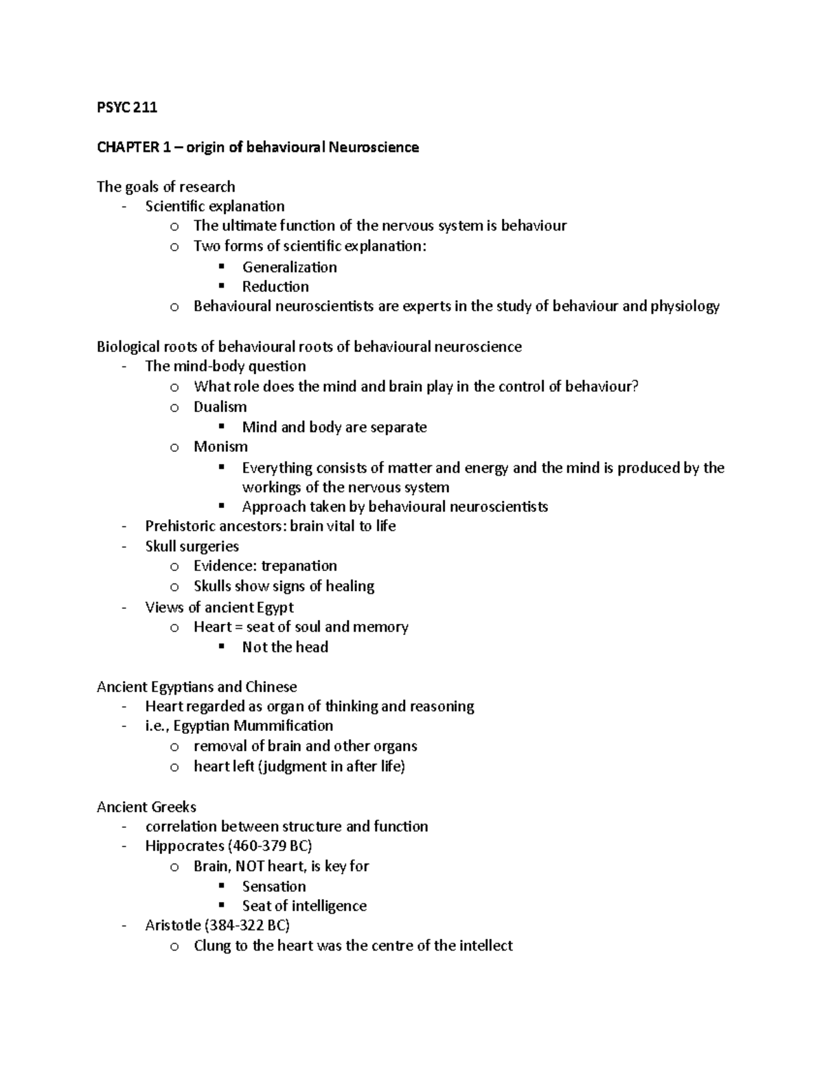 PSYC 211 chapter/lecture 1-3 notes - PSYC 211 CHAPTER 1 – origin of ...