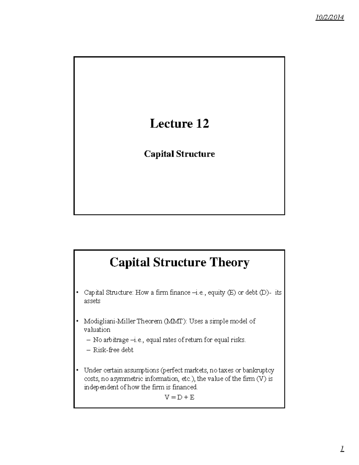 Lecture 12 - Revised - Lecture 12 Capital Structure Capital Structure ...