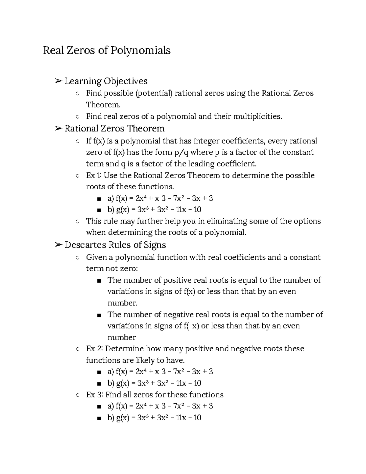 Math 1050 Lecture Notes Class 9 Real Zeros Of Polynomials Learning Objectives Find Possible