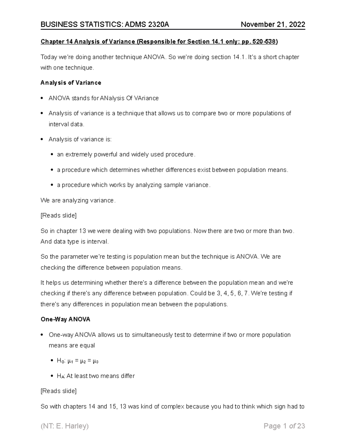 ADMS 2320 Business Stats 21NOV2022 - Chapter 14 Analysis of Variance (Responsible for Section 14 ...