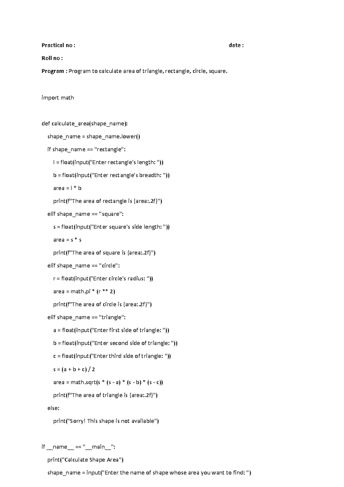 Python programs - Roll no : Program : Program to calculate area of ...