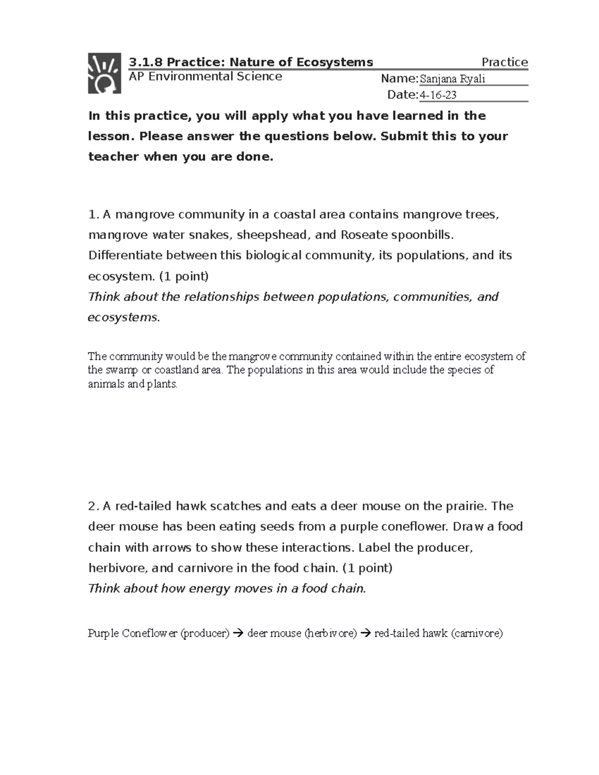 3.1.8 Practice - Nature of Ecosystems (Practice) - 3.1 Practice: Nature ...