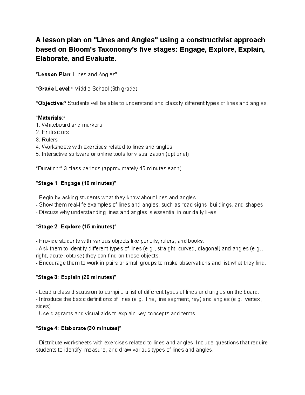 A lesson plan on Lines and Angles using a constructivist approach based ...