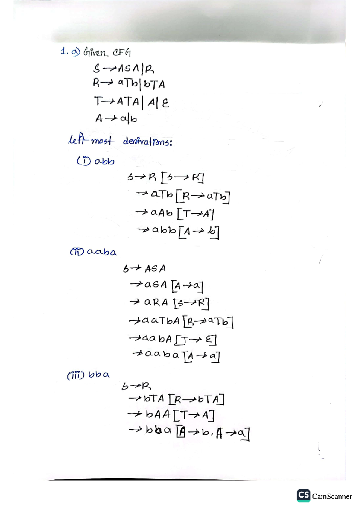 Assignment - 1. a) Given CFG S ASA/R R aTb/bTA T- ATALA1E A a/b left ...