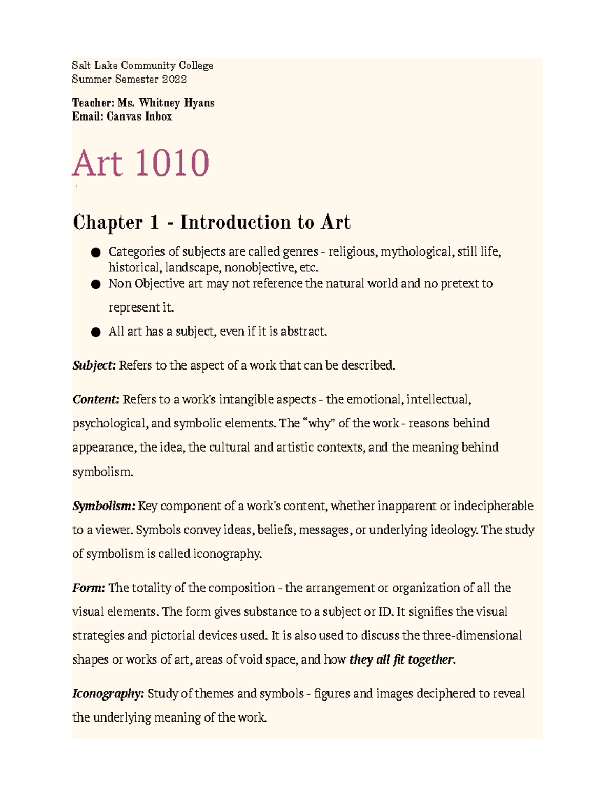 Art 1010 Notes - Salt Lake Community College Summer Semester 2022 ...