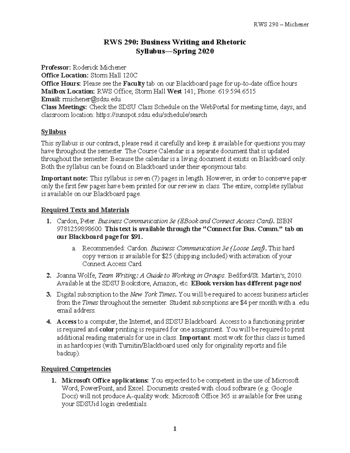 RWS Syllabus - Layout of the semester - RWS 290 : Business Writing and ...