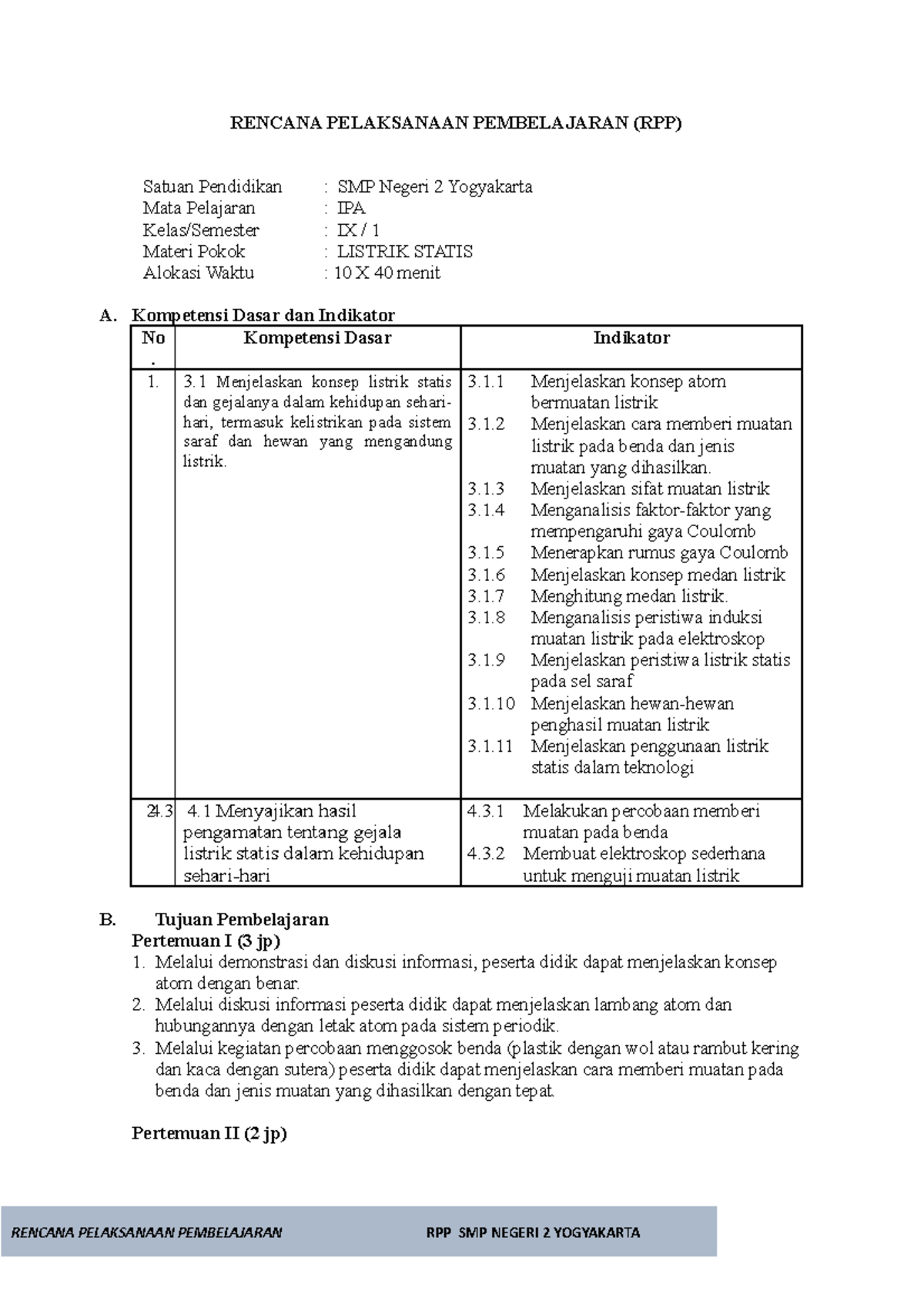 RPP IPA IX SMPN 2 Yogyakarta listrik statis - RENCANA PELAKSANAAN ...