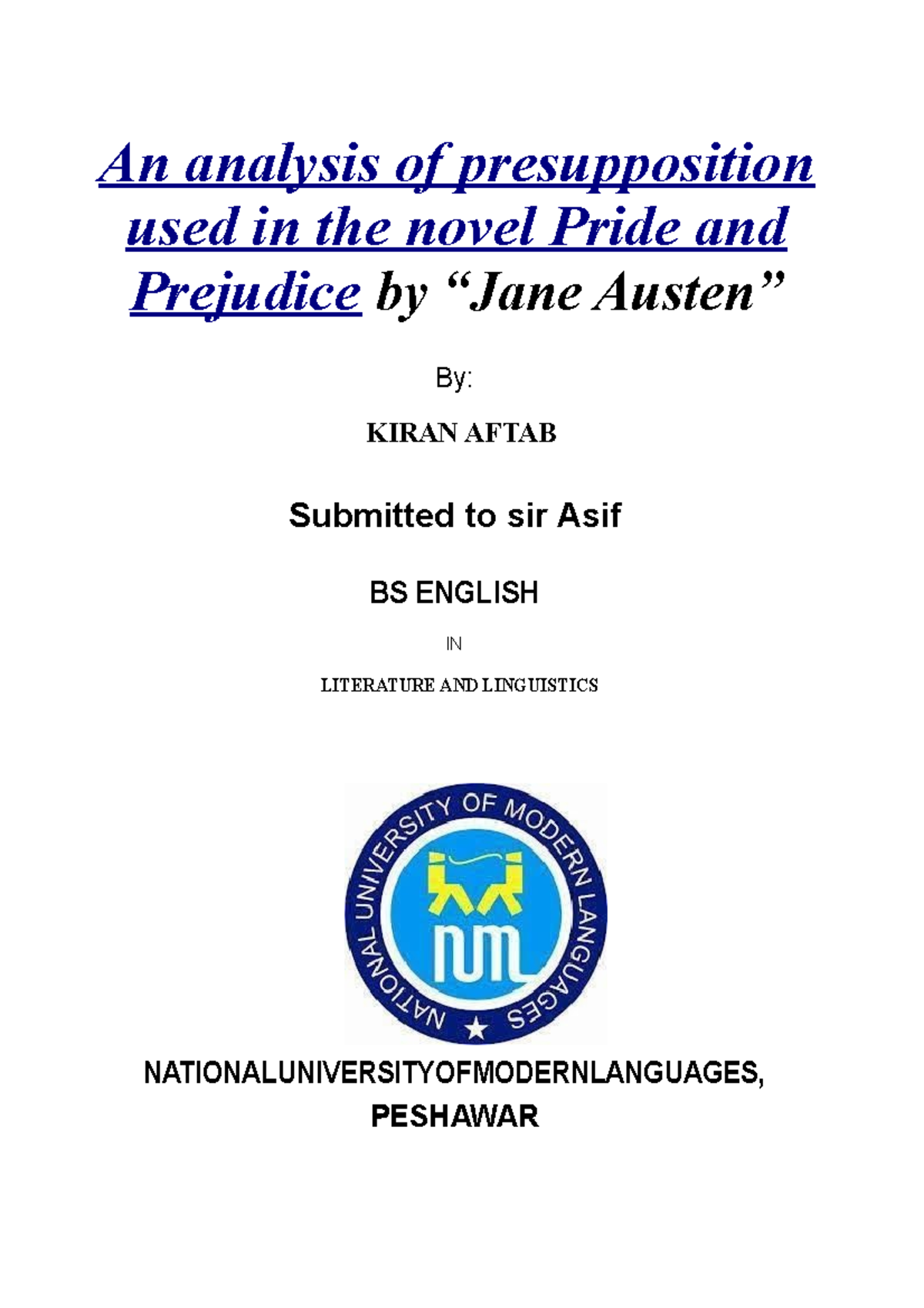 Kiran - needy student - An analysis of presupposition used in the novel ...