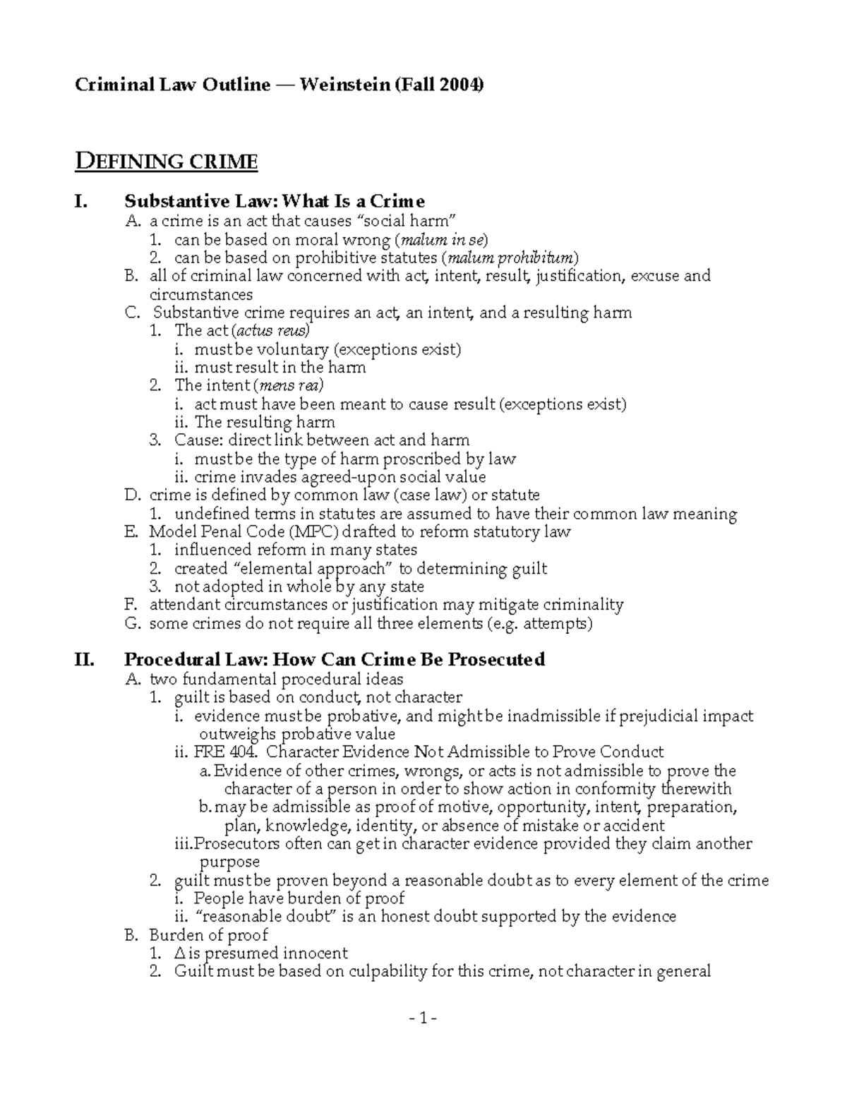 Criminal Law Outline - 2 - Criminal Law Outline — Weinstein (Fall 2004 ...