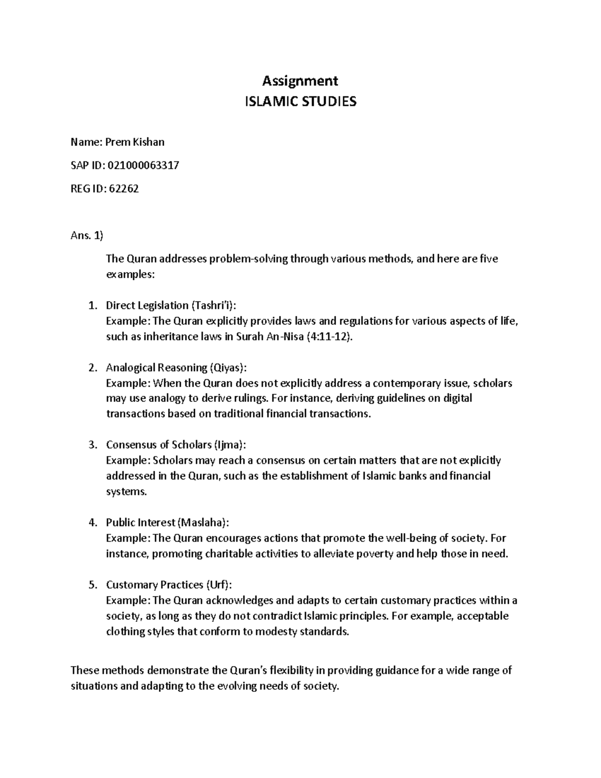 Assignment (Prem) - Assignment ISLAMIC STUDIES Name: Prem Kishan SAP ID ...