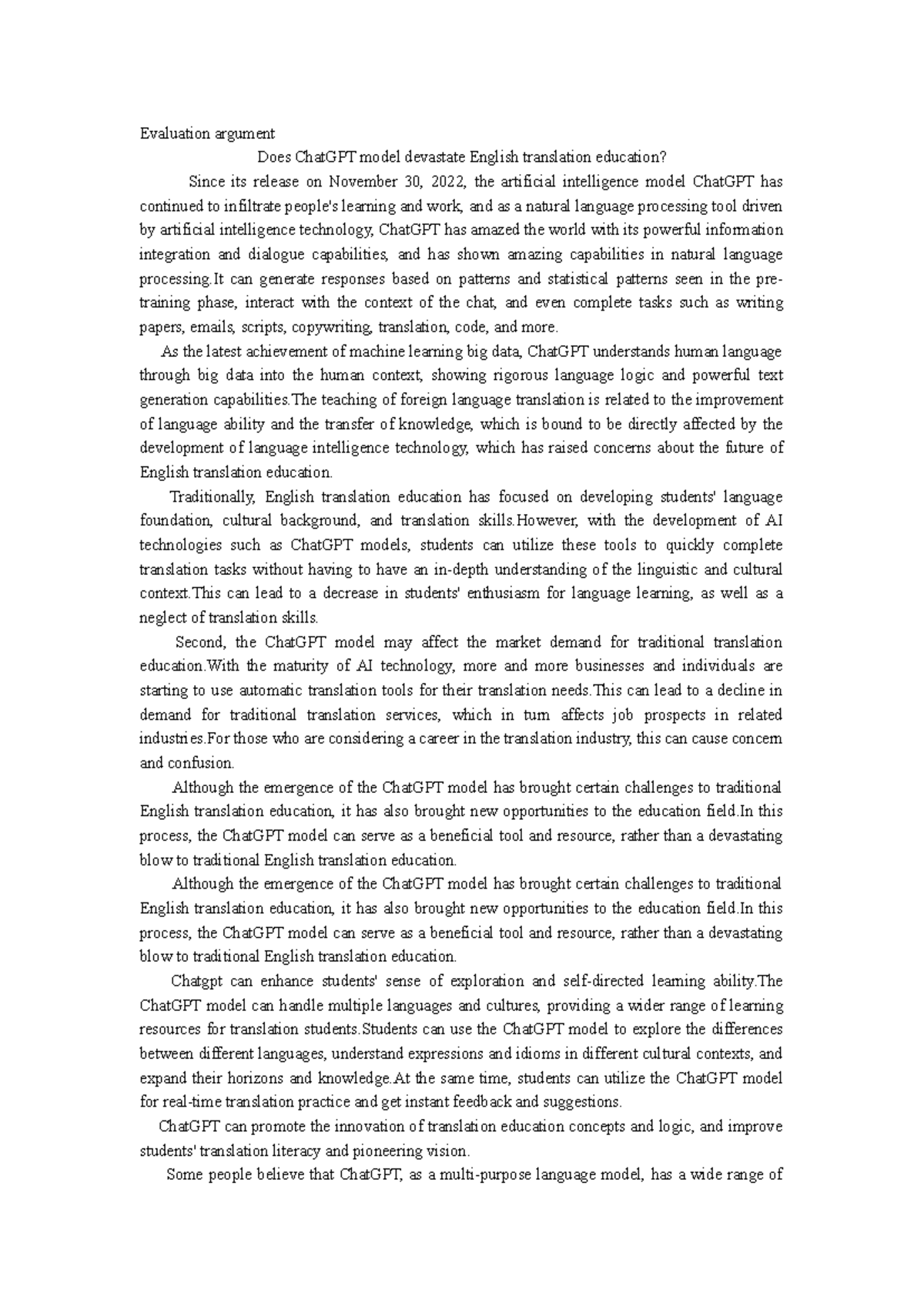 Week10 Evaluation argument-Does Chat GPT model devastate English ...