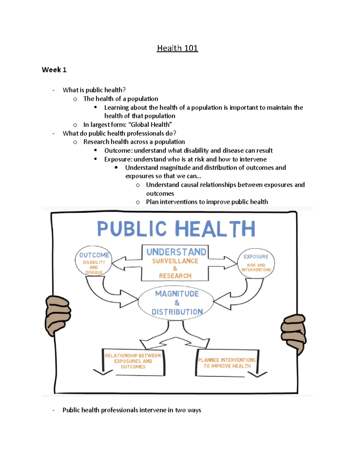 HLTH 101 - Lecture notes 1 - Health 101 Week 1 What is public health? o ...