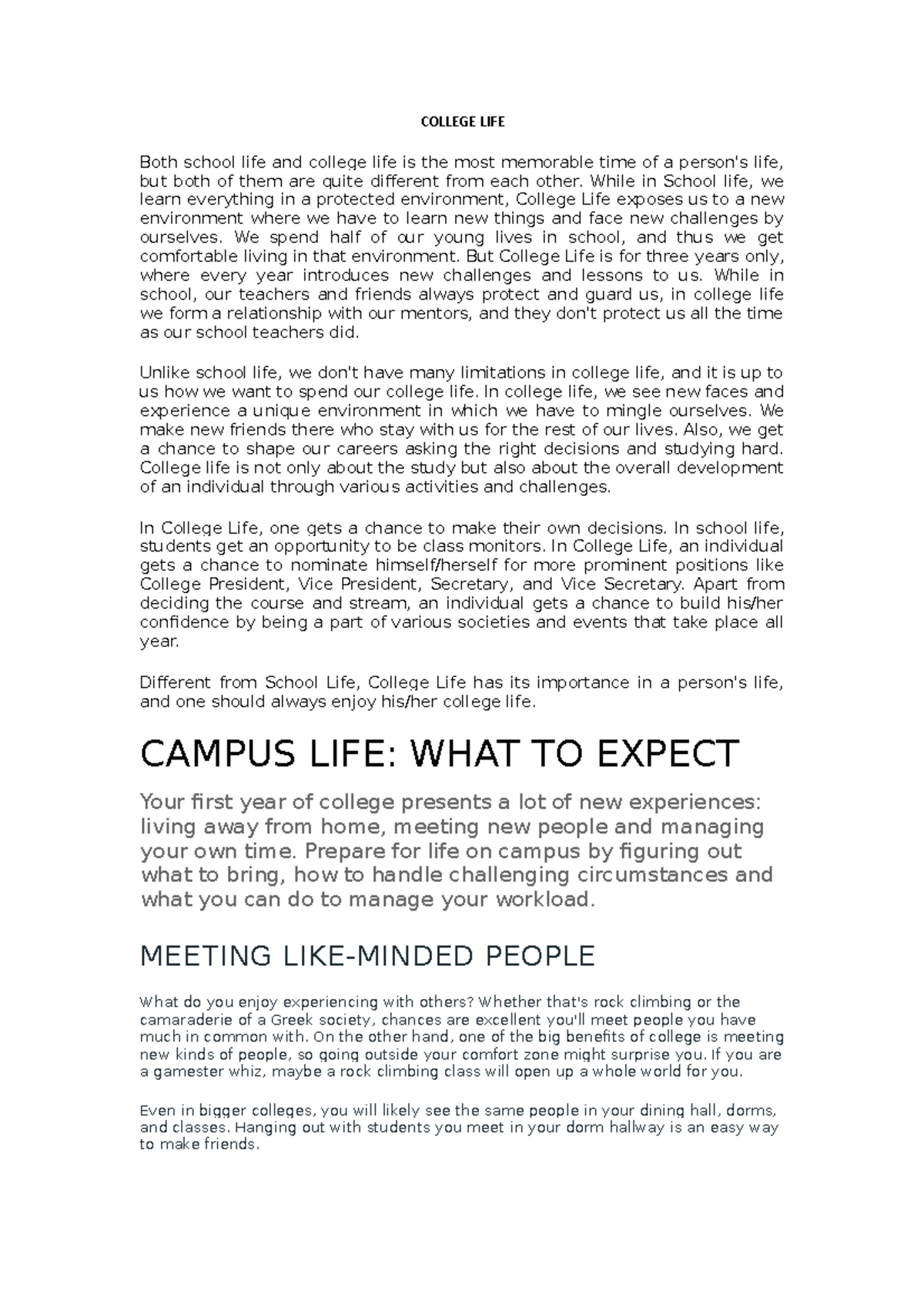 College LIFE - notes - COLLEGE LIFE Both school life and college life ...